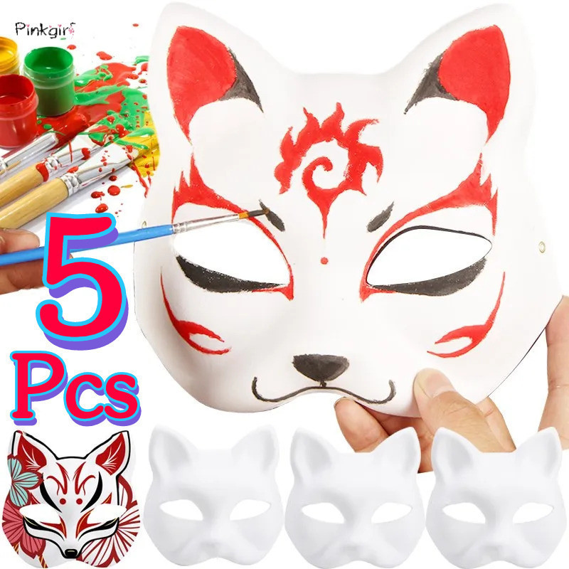 1/5Pcs DIY Painting Cosplay Mask Cat Fox White Paintable Blank Half ...