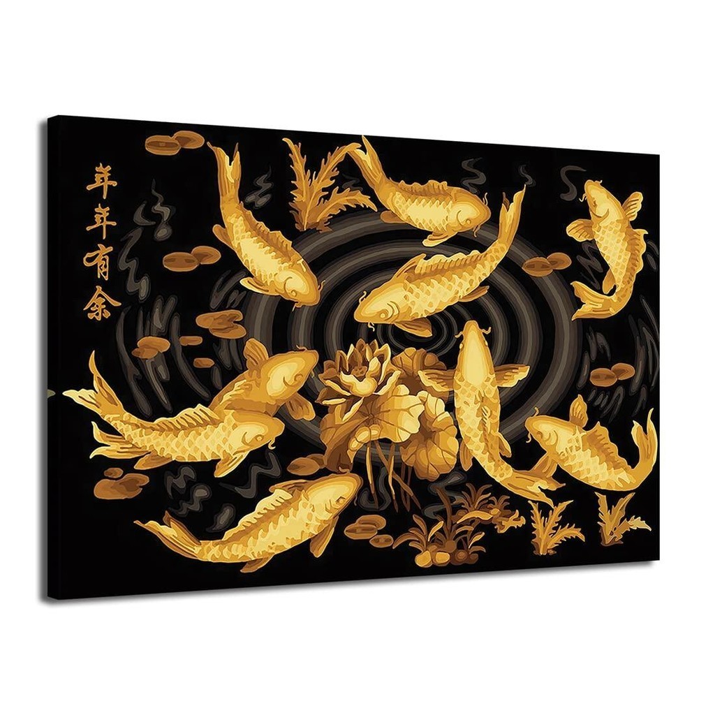 Poster Lucky Gold Nine Koi Fish Animal Painting Wall Art Feng Shui Koi ...