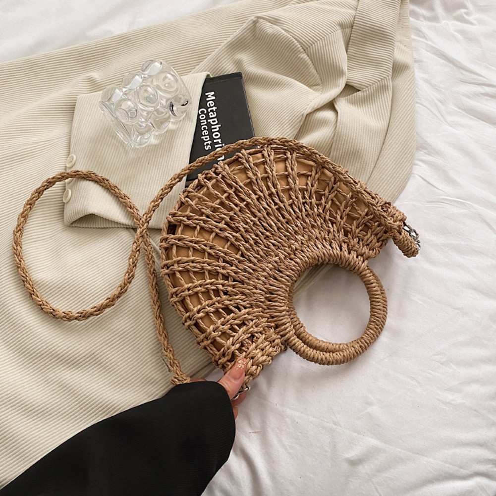 Women Straw Messenger Bag Drawstring Woven Tote Bag Solid Handbag ...