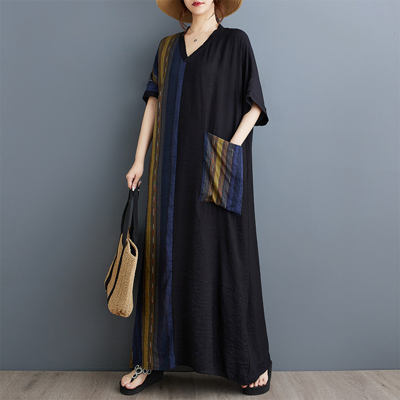 Plus Size Cotton and Linen Slimming PrintedVCollar Short Sleeve Color ...