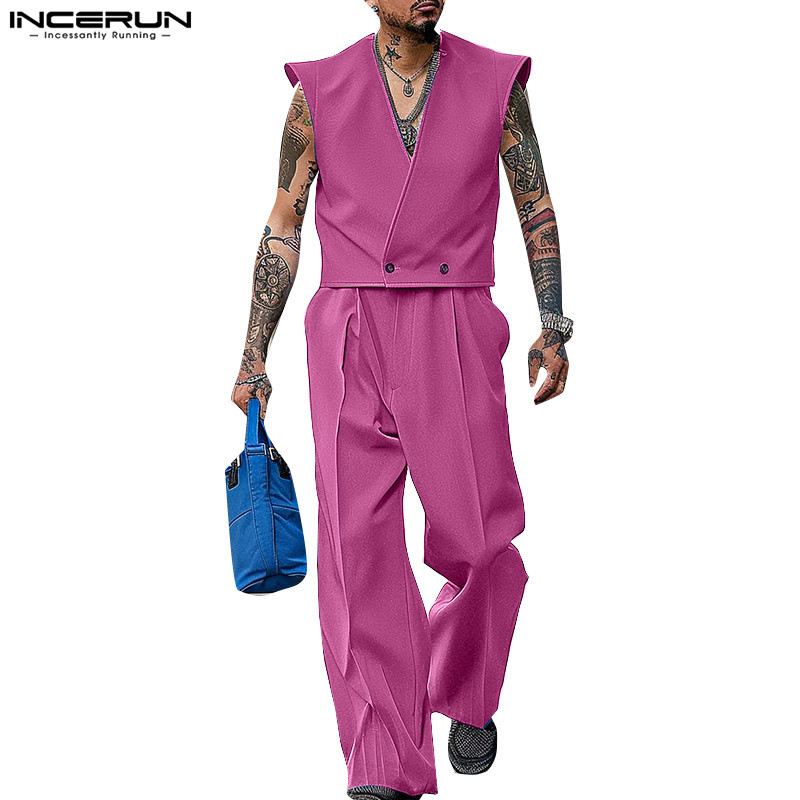INCERUN Men Vintage Sleeveless Fashion V-Neck Solid Color Two-Piece ...