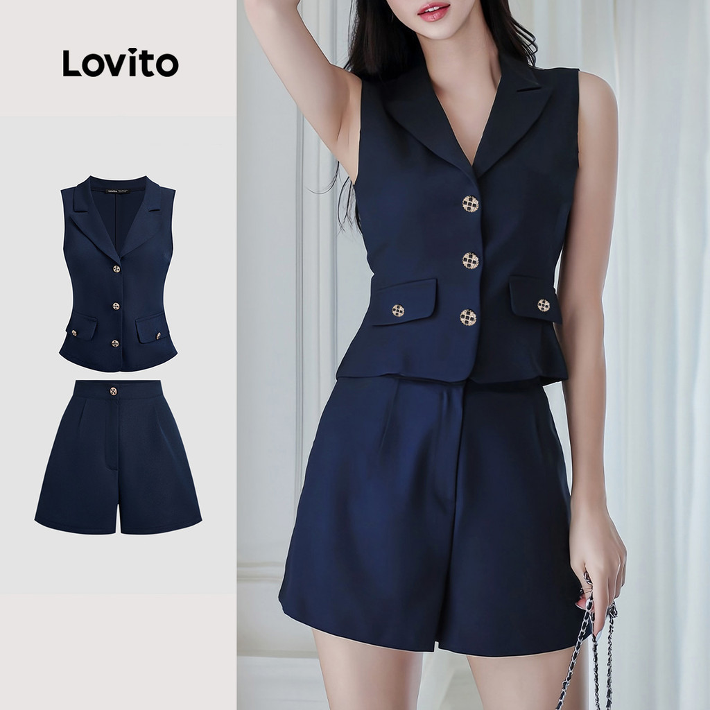 Lovito Women Elegant Shorts Sets Commute Button Spring/summer Navy Blue ...