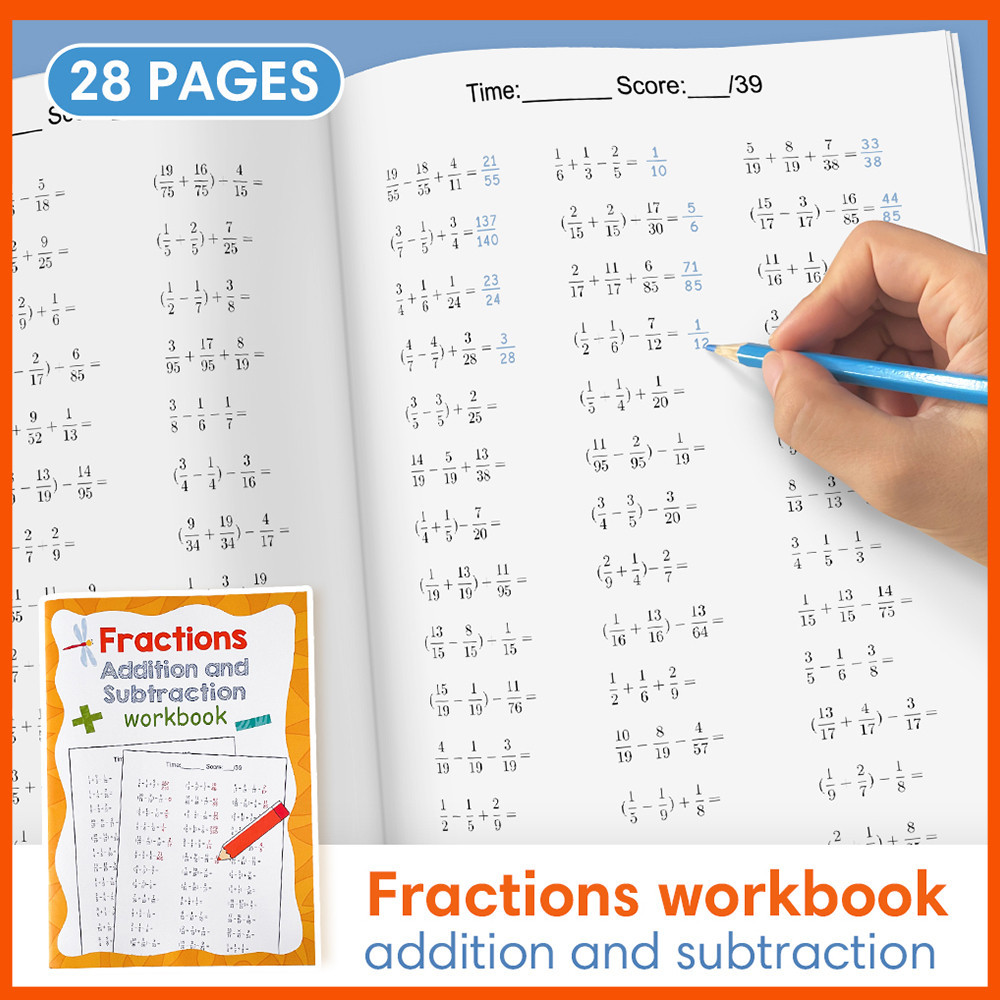 28 Pages Fractions Addition Subtraction Workbook, Preliminary ...