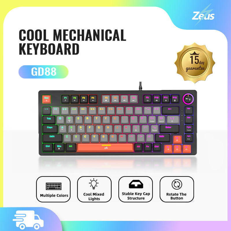 Zeus GD-88 Hot Swappable Mechanical Gaming Keyboard Wired 82 Keys Color Backlit With Volume Knob ...