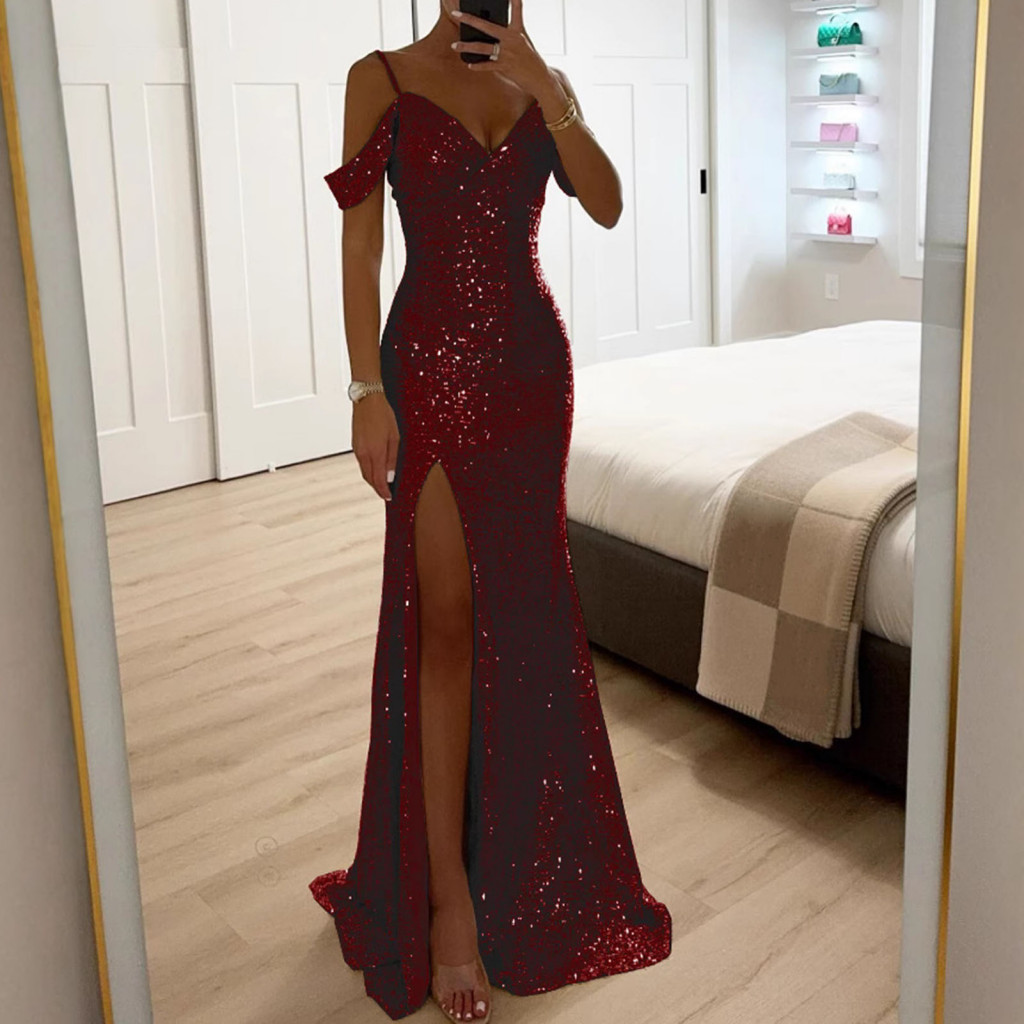Long Dress Women Sequin Suspender Dress Elegant Sequin Ball Gown Maxi ...