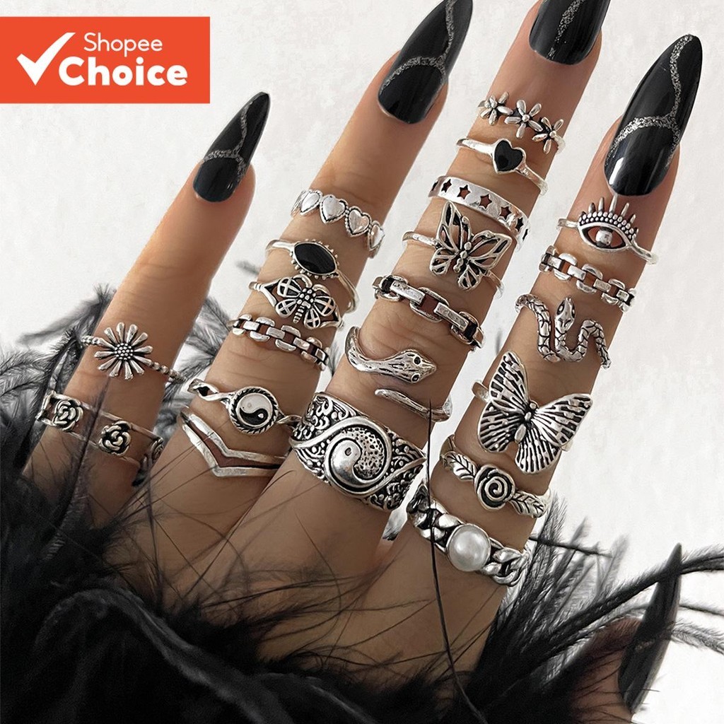 VMI Vintage Pearl Ring Collection – 21Pcs Geometric Snake Butterfly ...