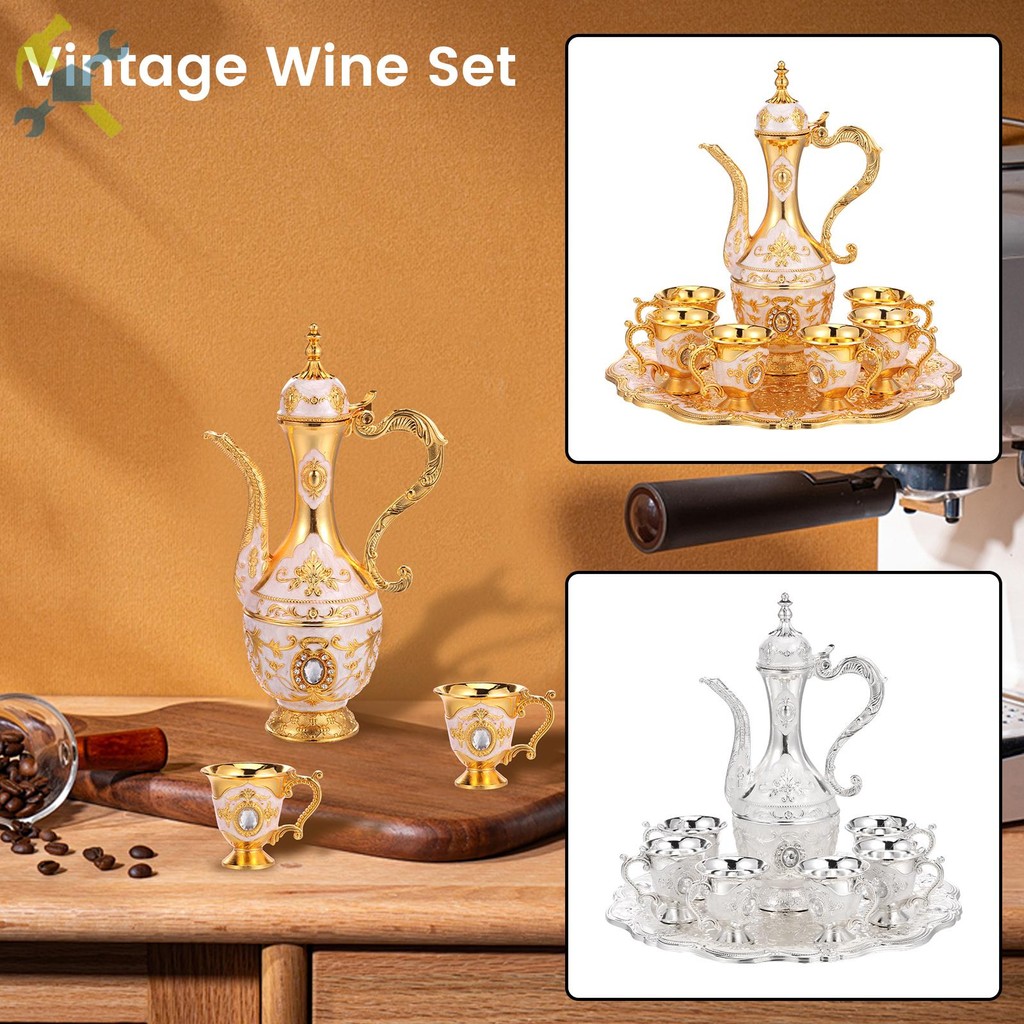 Turkish Coffee Pot Cups Set Retro Wine Pot Set with Tray and 6 Cups Tea ...