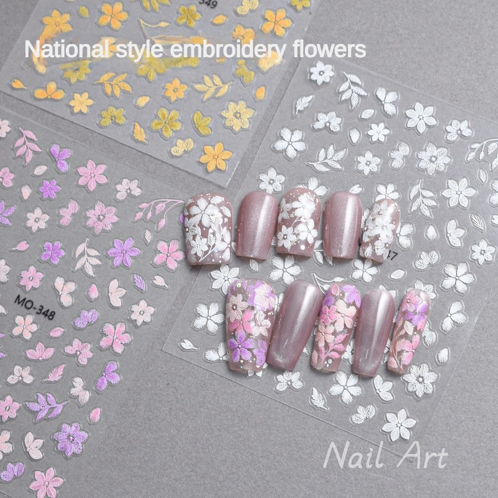 Embossed 3D Chinese style embroidered flower nail stickers / Colorful ...