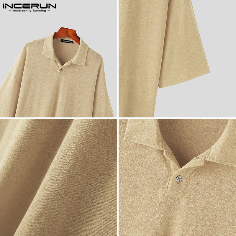 INCERUN Men Korean Casual Loose Solid Color Half Sleeve Lapel POLO ...