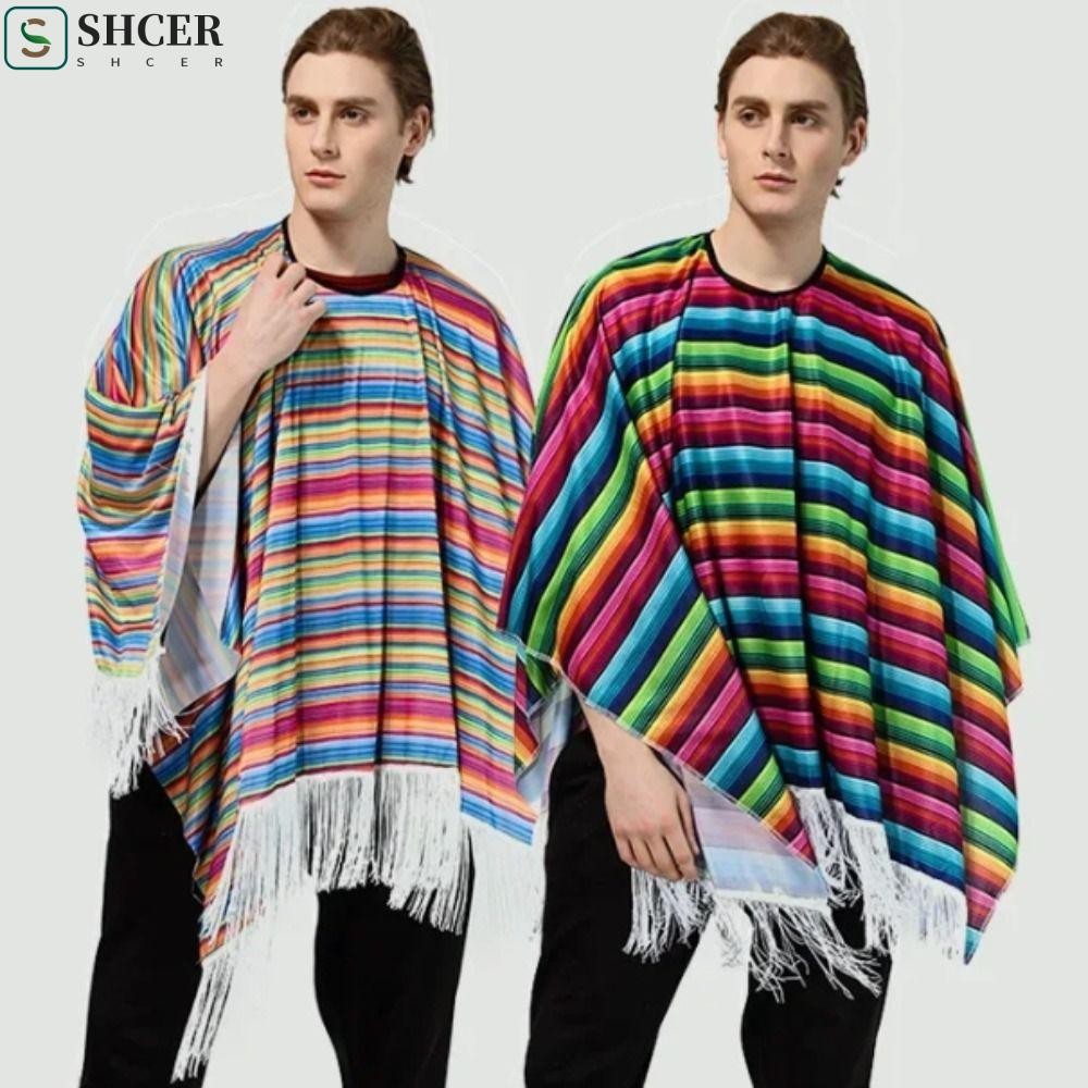 SHCER Mexican Costume, Ethnic Cloak Rainbow Stripe Mexican Style Cloak ...