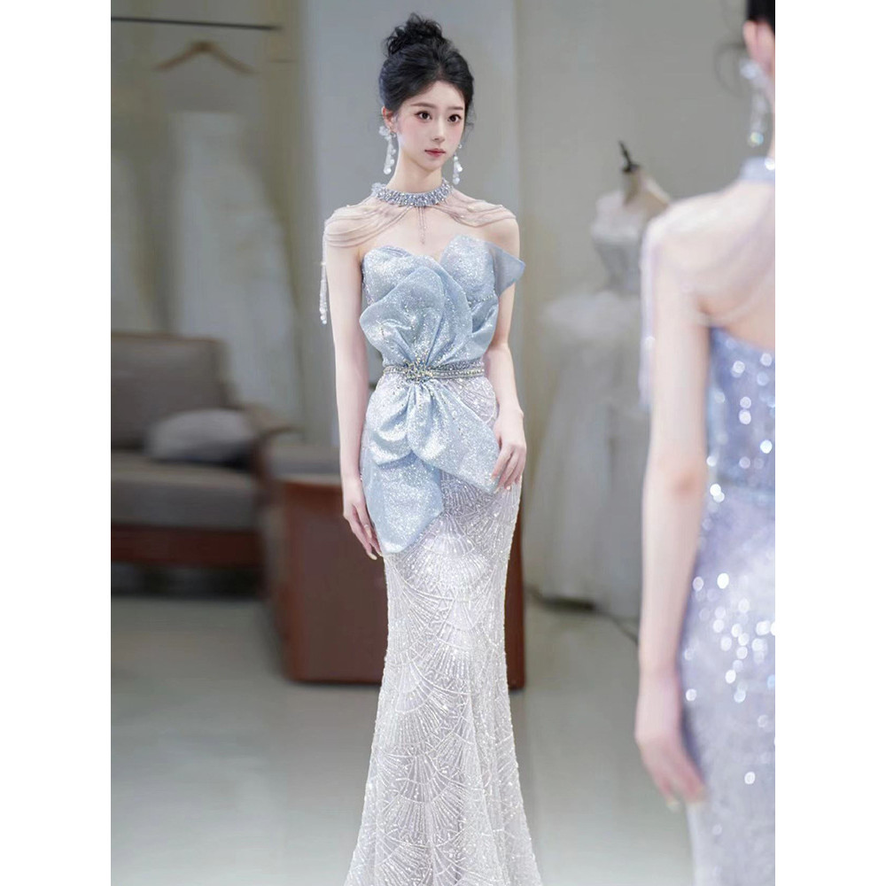Blue Strapless Toast Dress Bride2024New Halter Host Banquet French ...
