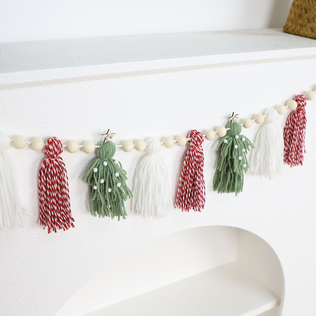 Christmas Tassel Garland Banner with Wood Beads and Pom Pom Garlands ...