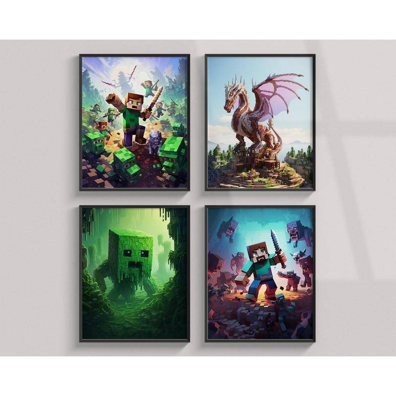 Minecraft Prints Game Poster Set Wall Art Creeper Ender Dragon Steve ...
