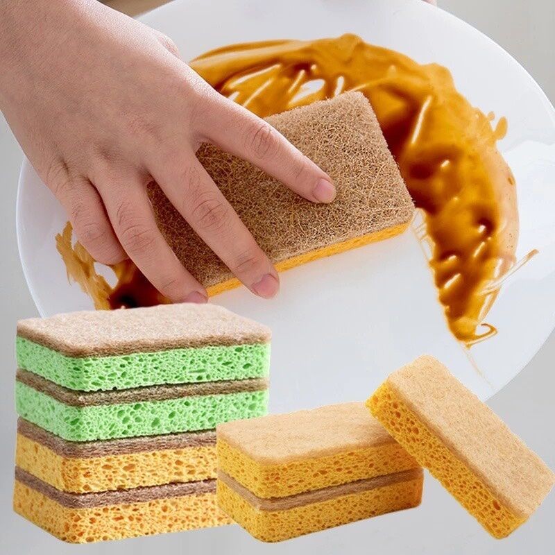 4pcs Natural Wood Pulp Sponge Brush Bowl Cloth Washing Dishes Clean ...