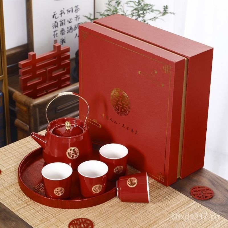 Red Tea Set for Newlyweds, Wedding Gift, Tea Cup and Teapot, Dowry, Tea ...