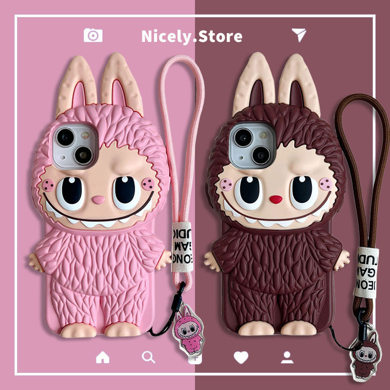 Cartoon Cute Pop Mart 3D Labubu Wrist Strap Pendant Silicone Phone Case ...