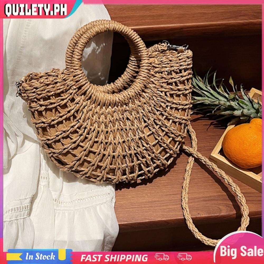Women Straw Messenger Bag Drawstring Woven Tote Bag Solid Handbag ...