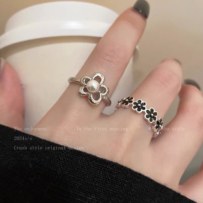 Black Drip Glaze Pearl Small Flower Open Ring Female Retro Index Finger ...