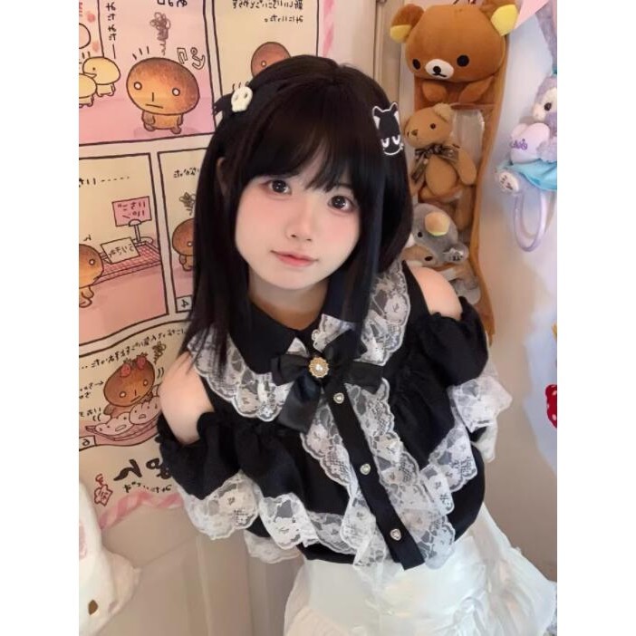 Japanese Shirt White Black Lace Lace Double Layered Hollow Bow Top ...