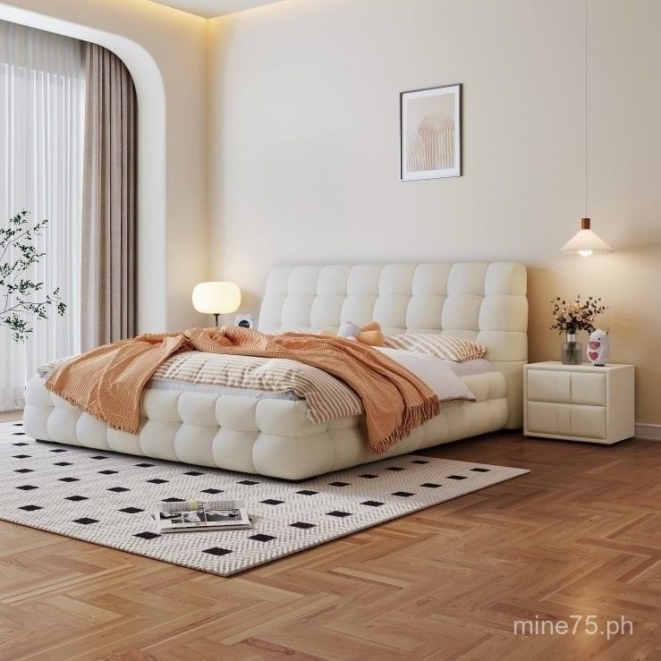 insCream Style Puff Bed Modern Minimalist Bed in Master Bedroom First Layer Leather Bed Double ...