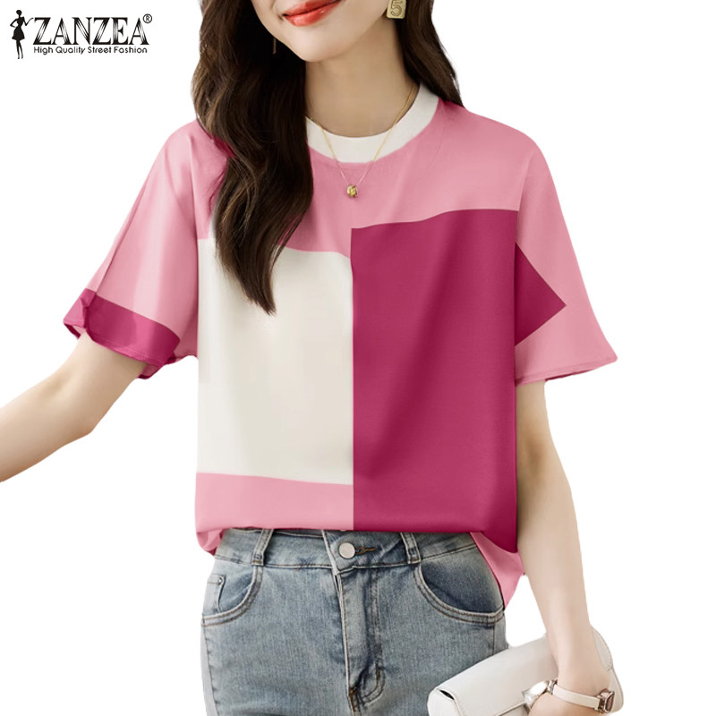 ZANZEA Women Summer Round Neck Short Sleeve Loose Patchwork Blouse ...