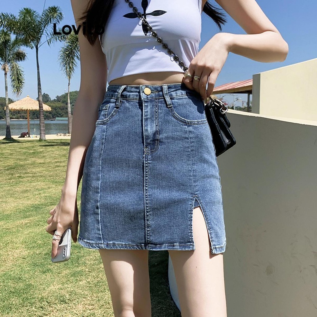 Lovito Women Casual Plain Split Front Washed Front Zip Denim Skirt LNE46441 | Shopee Philippines