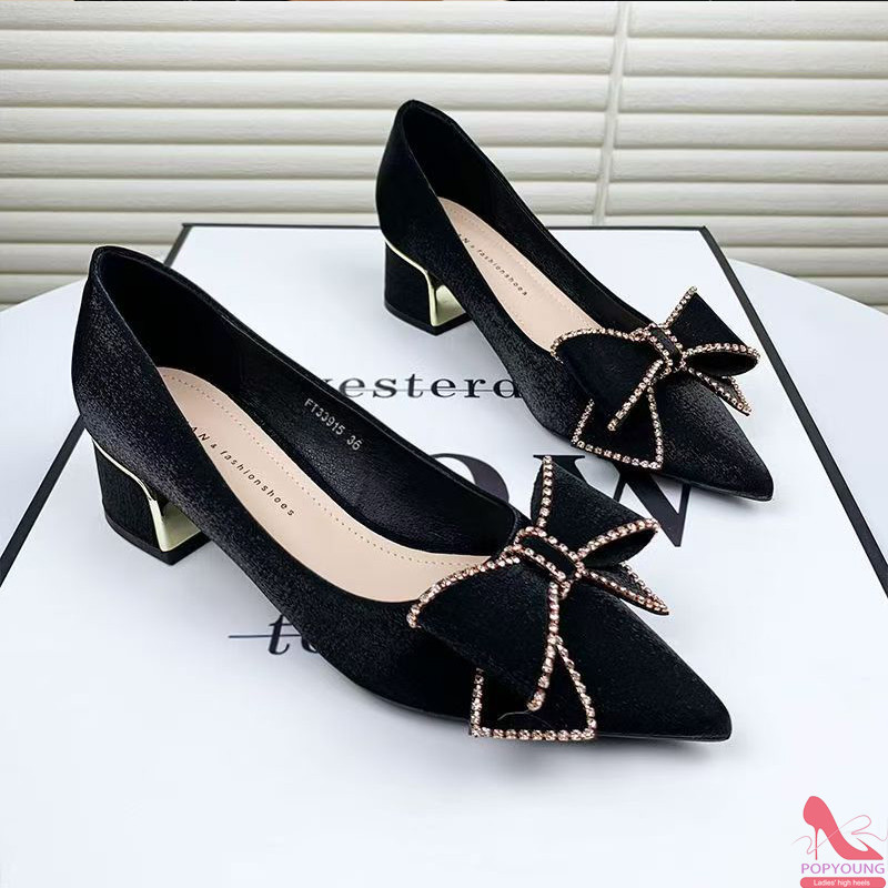 [PY] Korean School Shoes Black Bowknot Pointed Toe 2 inches Block Heels ...