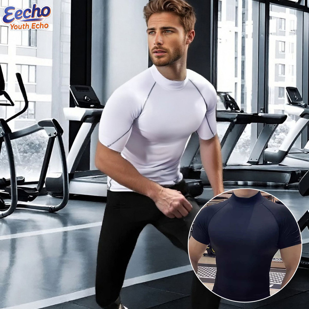 [M-5XL] Men's Quality Stand Collar Gym Workout T-Shirt Quick Dry ...