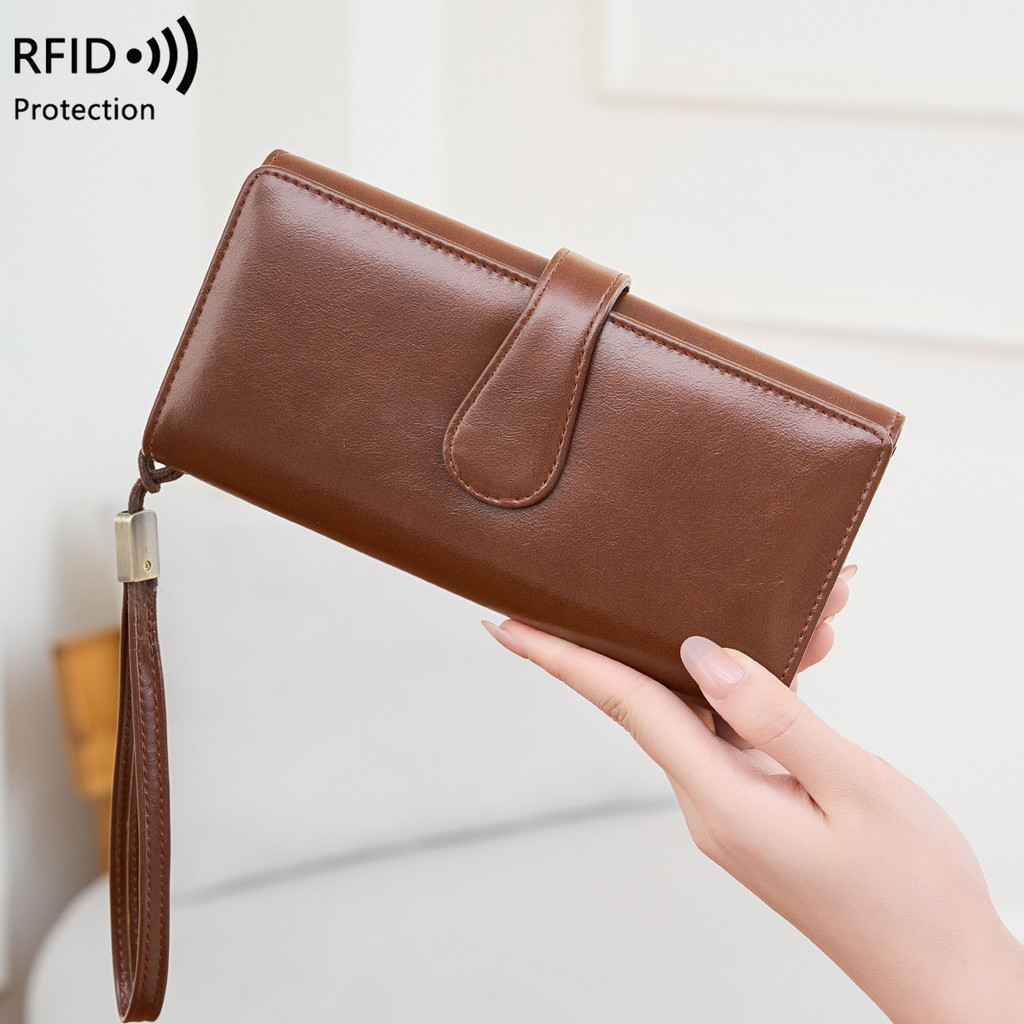 New Oil Wax Leather Long Wallets RFID Multi Card Slot Women's Purses ...