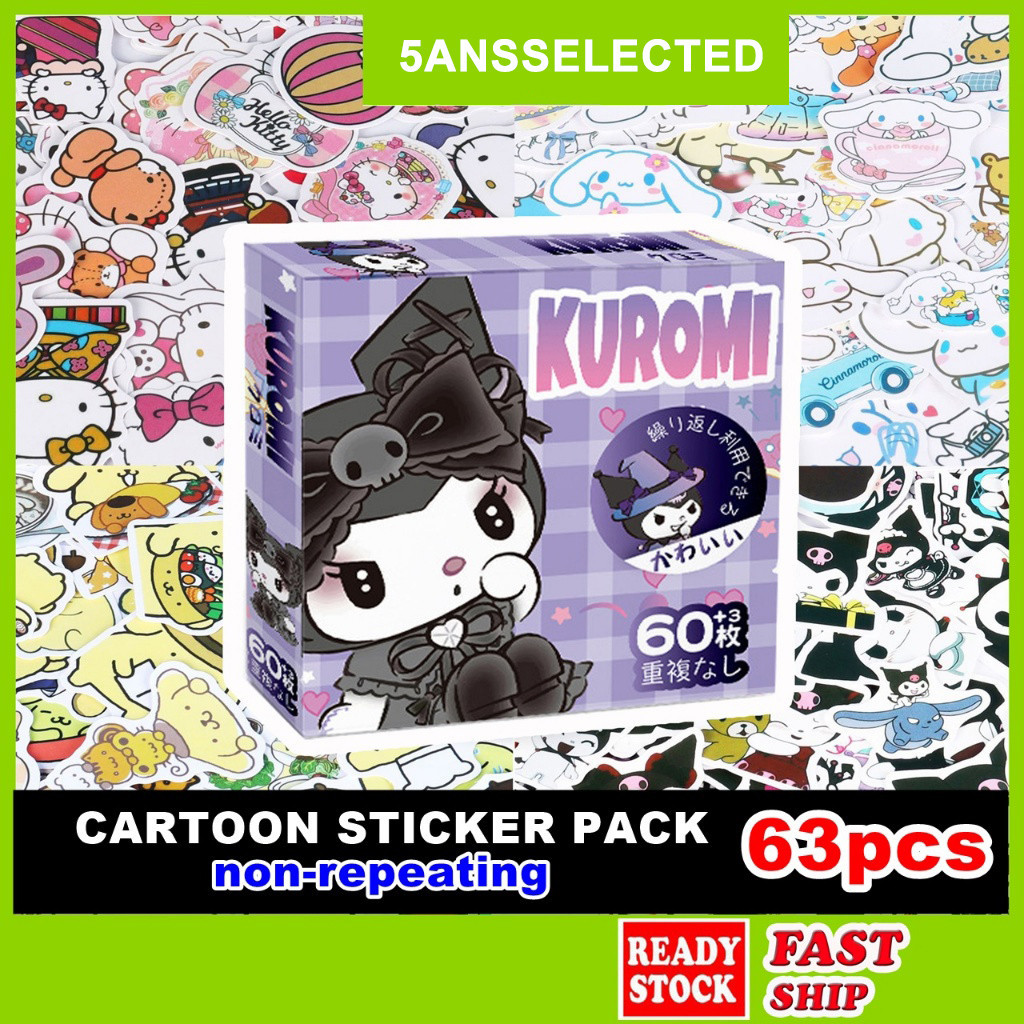 63pcs Box Cartoon Sanrio Handbook Sticker Set Cute Kuromi Cinnamoroll