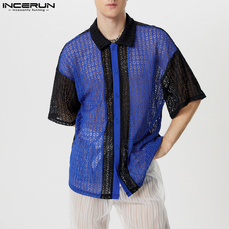 INCERUN Men Vintage Patchwork Color Blocking Hollowed Short Sleeves ...