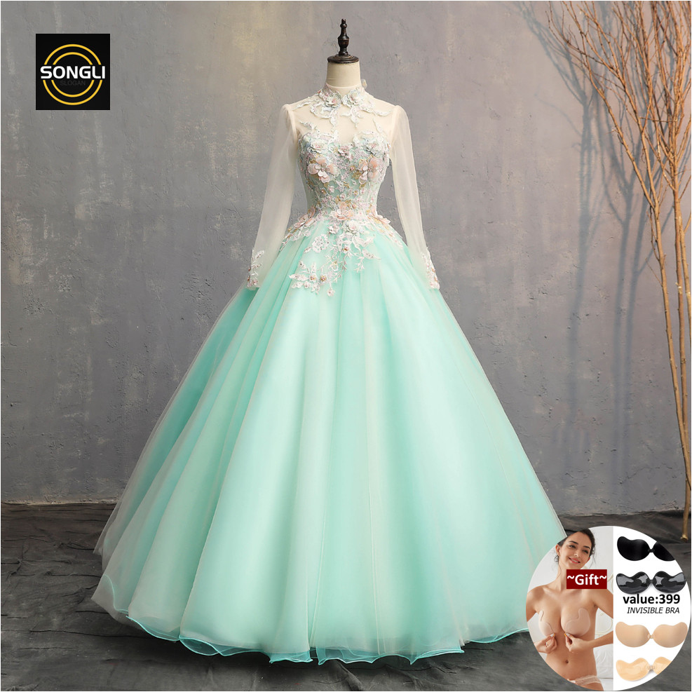 Fruit green round neck long sleeved evening gown 2024 new stage host ...