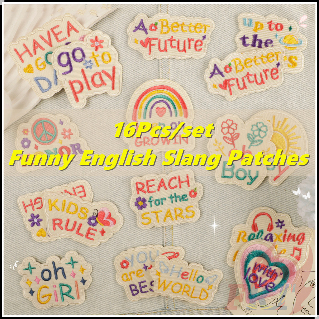 16Pcs/set BOHO . Colorful Funny English Slang Art Iron-on Patch DIY ...