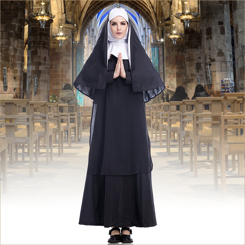 Adult Nun Costume Black Robe Halloween Cosplay Women's Halloween Nun ...