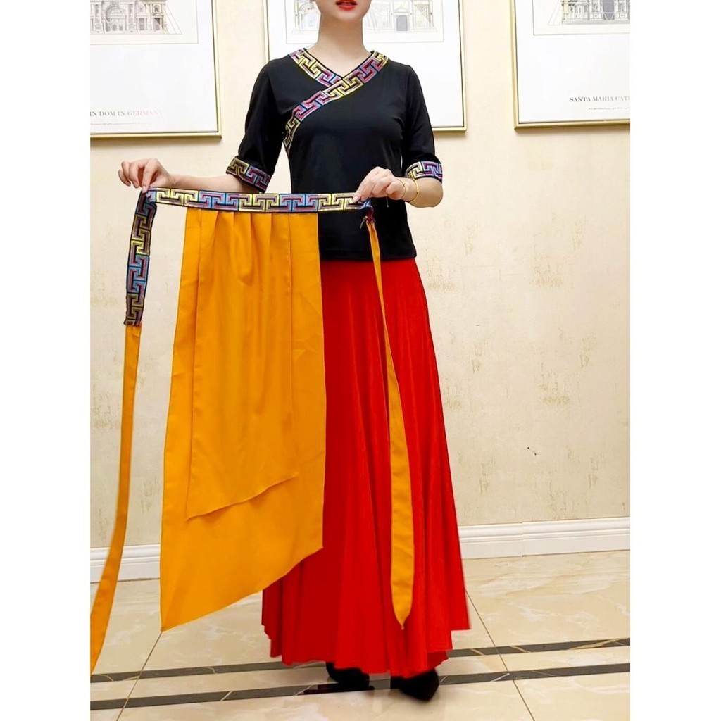 New Style Square Dance Tibetan Dance Folk Dance Costume Small Apron One Piece Long Skirt ...