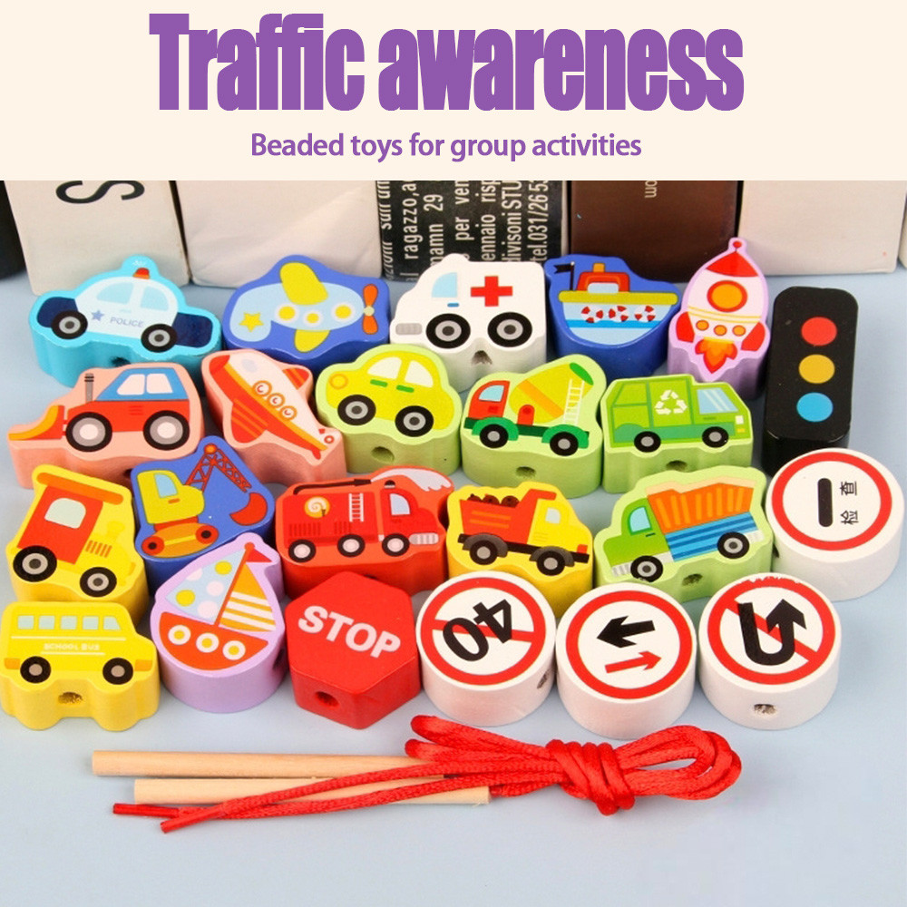 Children's wooden traffic string threading rope puzzle focus training ...