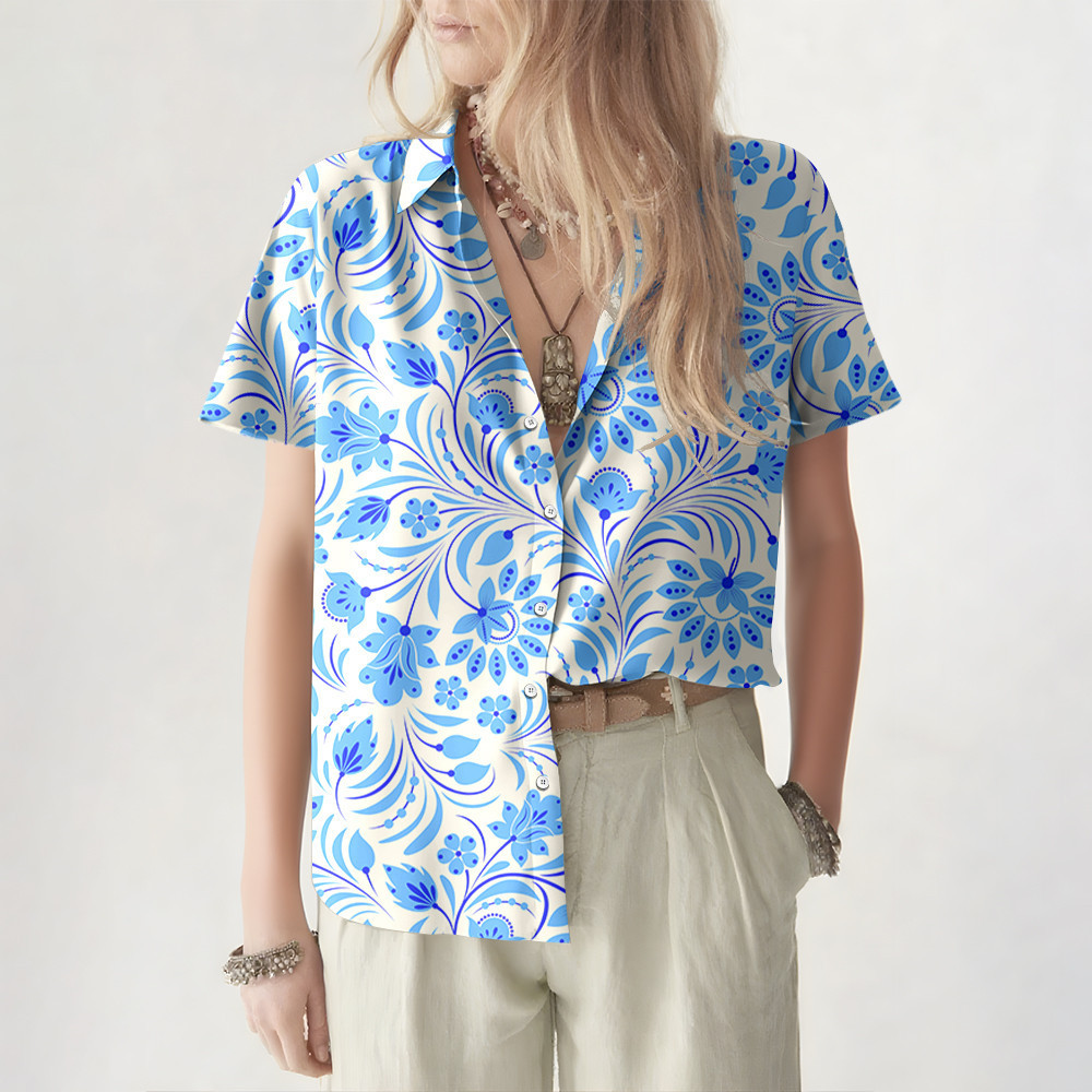 Women Blue White Floral Scroll Pattern Short Sleeve Shirt Relaxed Fit ...