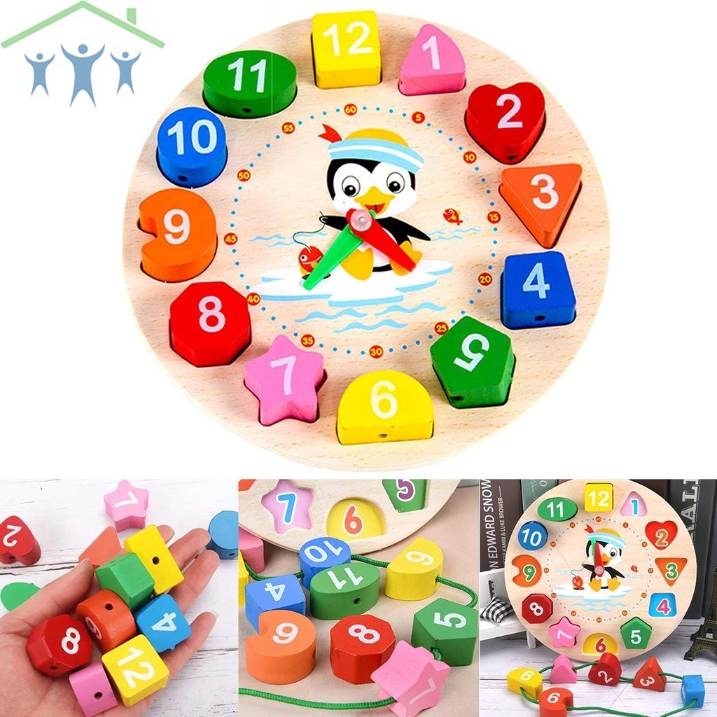 Wooden Shape Color Sorting Clock Teaching Time Number Blocks Clock ...
