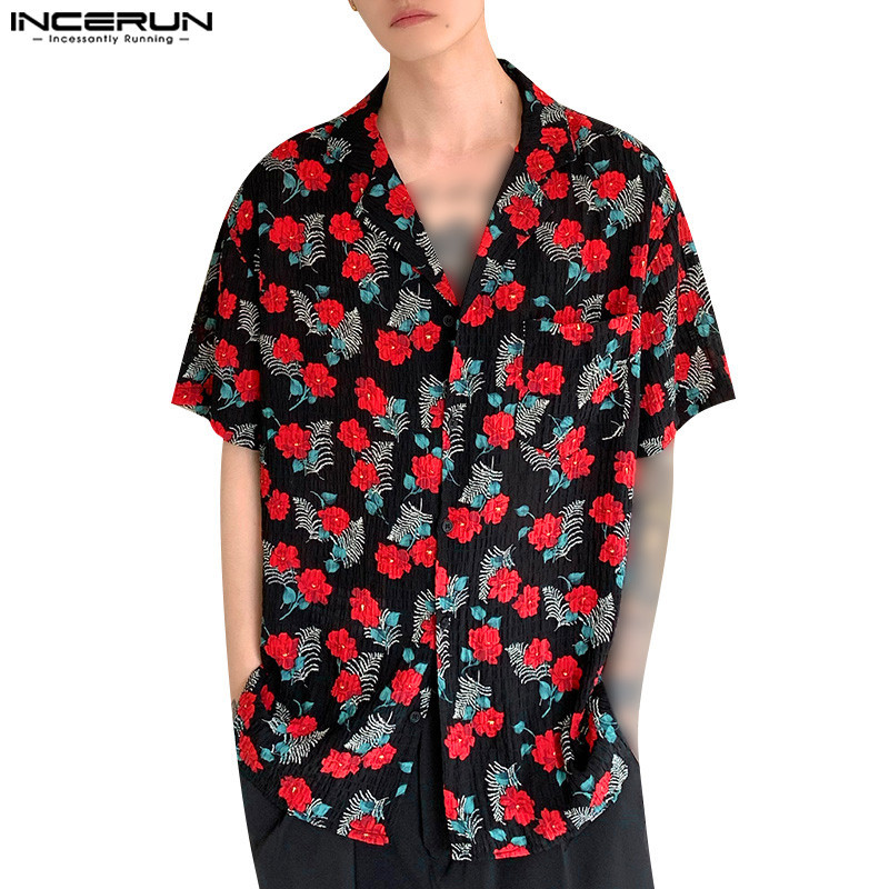 INCERUN Men Korean Fashion Floral Color Blocking Short Sleeve Shirts ...