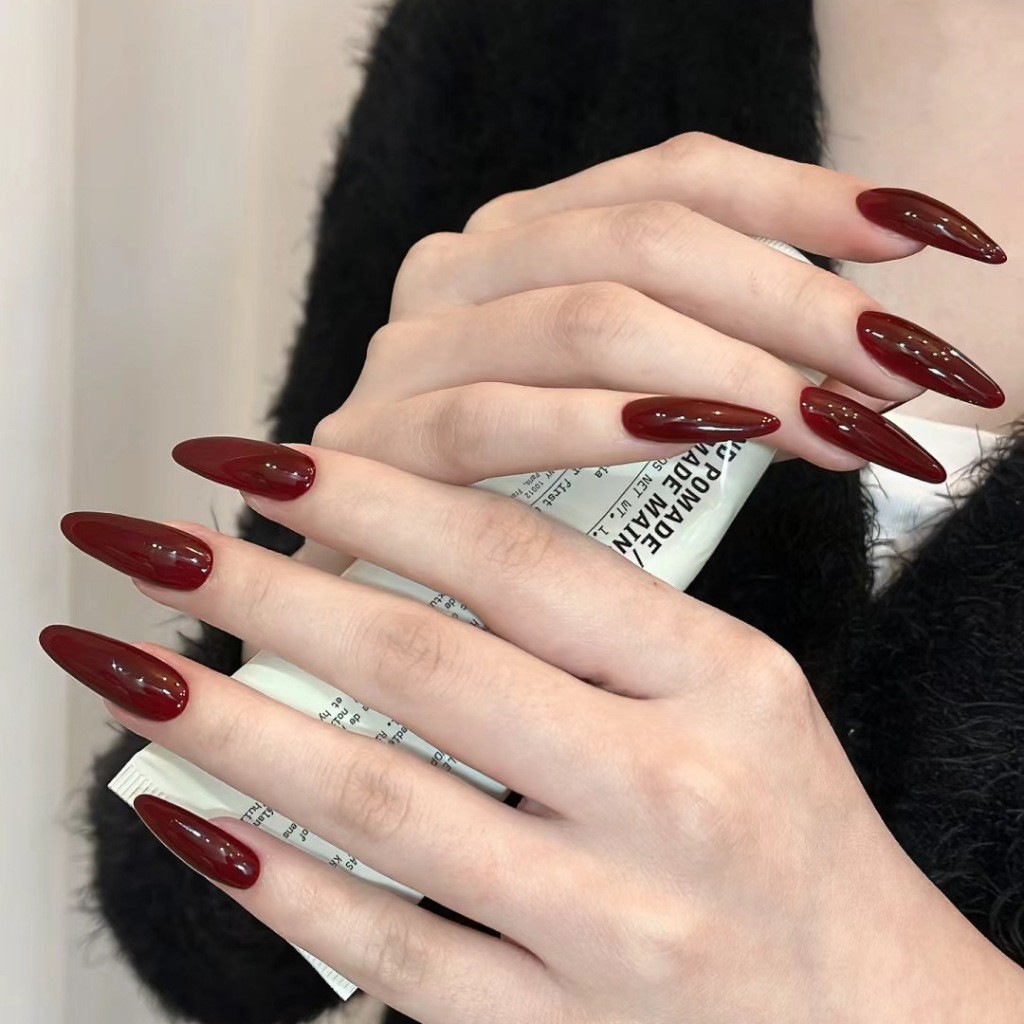 24pcs Wine Red Fake Nails With Glue Medium Length Fake Nails CS-77 Nail ...