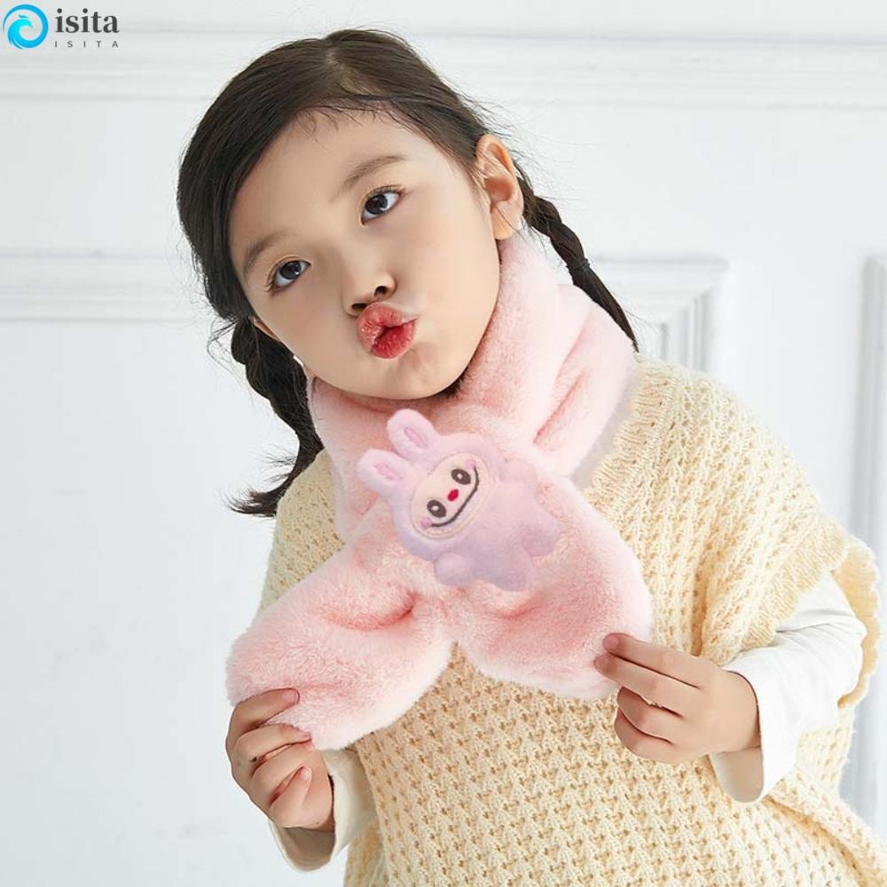 ISITA Labubu Children Scarf, Faux Rabbit Fur Cartoon Woolen Cross ...