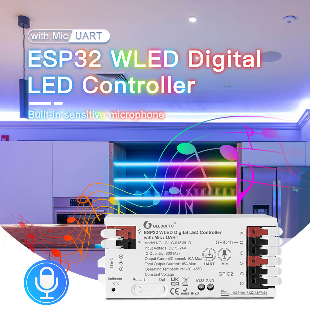 GLEDOPTO ESP32 WLED LED Controller Mic UART Download Music Sound Dynamic RGB DIY WiFi WS2811 ...