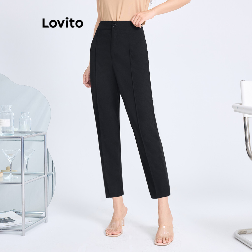 Lovito Women Casual Plain Button Structure Line Pant L99ED029 | Shopee ...
