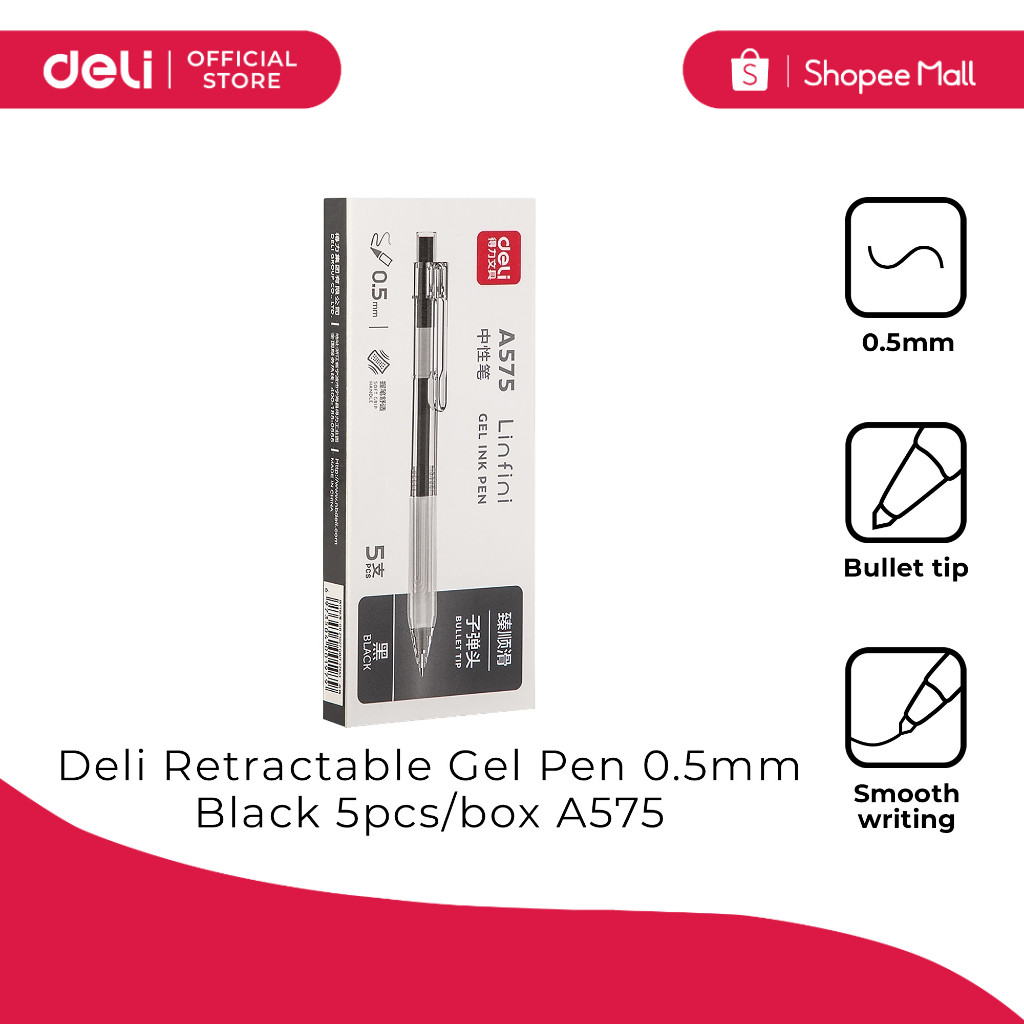 Deli A575 Retractable Gel Pen 0.5mm Black 5pcs/box | Shopee Philippines