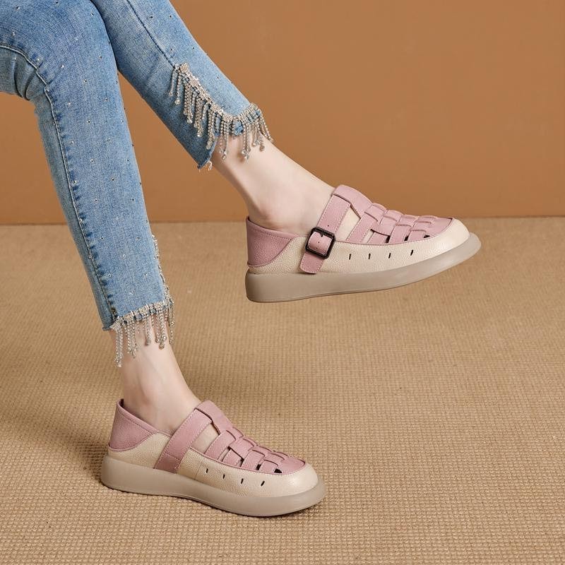 Hollow Toe Sandals Women 2024 Casual Hole Shoes Soft Leather Retro Woven Breathable Flat Soft ...