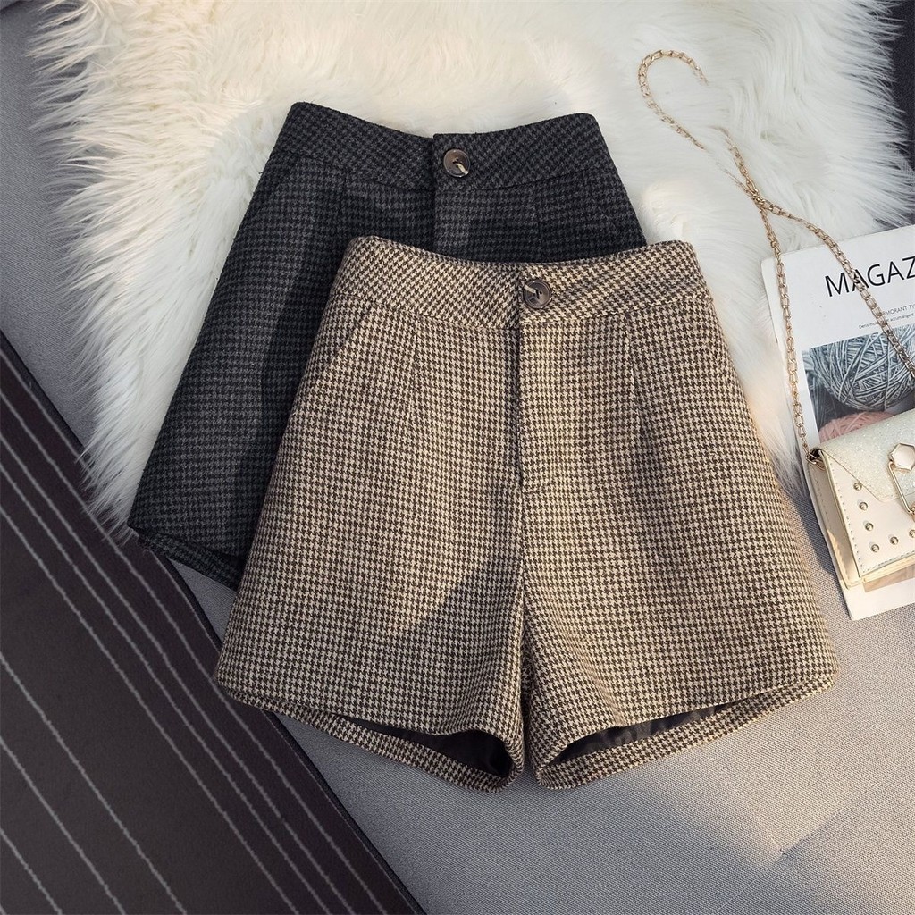 Woolen Houndstooth Shorts Women New Style High Waist a-Line Wide Leg ...