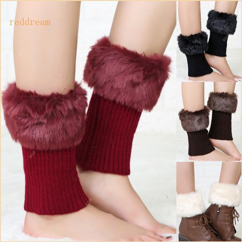 REDD Women Crochet Knit Faux Fur Trim Leg Warmers Short Furry Fuzzy Leg ...