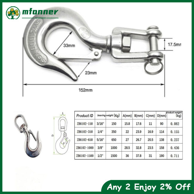 Mfonner 304 Stainless Steel Swivel Lifting Hook Steel Eye Hook With ...