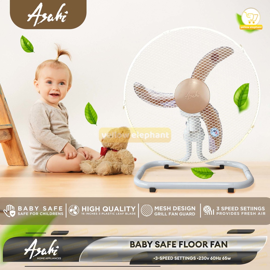 Asahi 16-Inch Baby-Safe Floor Fan With 3-Speed Settings and Oscillation ...