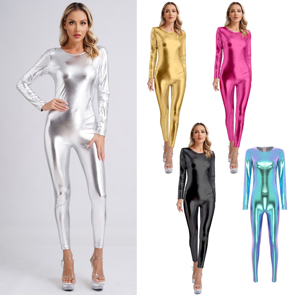 Women Metallic Shiny Jumpsuit Unitard Dancewear Long Sleeve Slim Fit ...